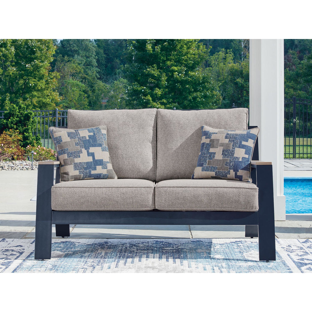 East Beach Outdoor Loveseat with Cushion - Navy Blue/Driftwood ...