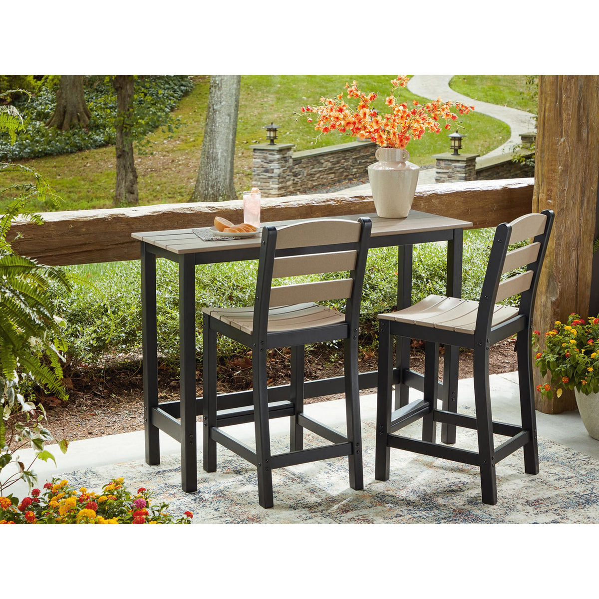 Shoreline Beach Outdoor Counter Table and 2 Barstools - Black/Beige ...