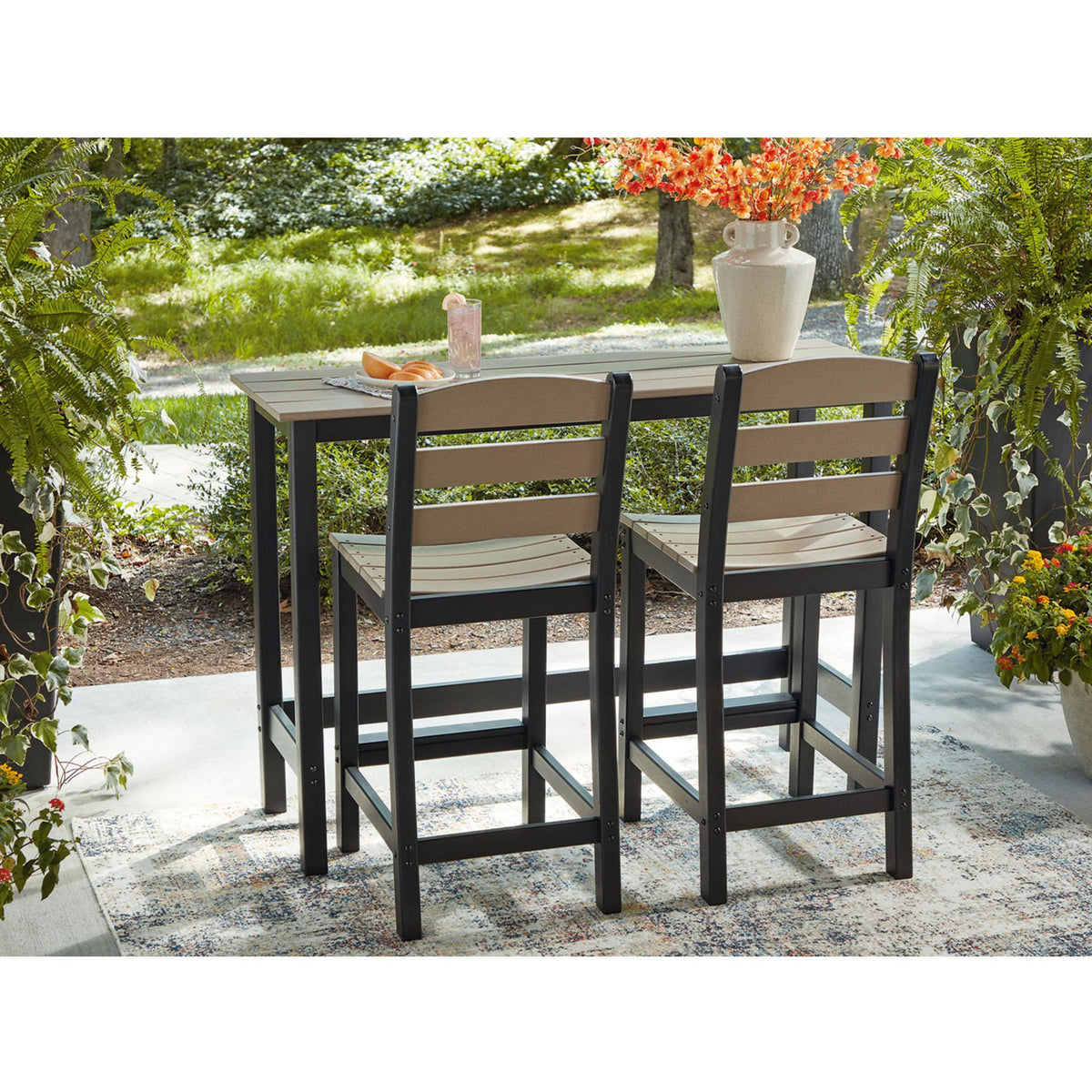 Shoreline Beach Outdoor Counter Table and 2 Barstools - Black/Beige ...