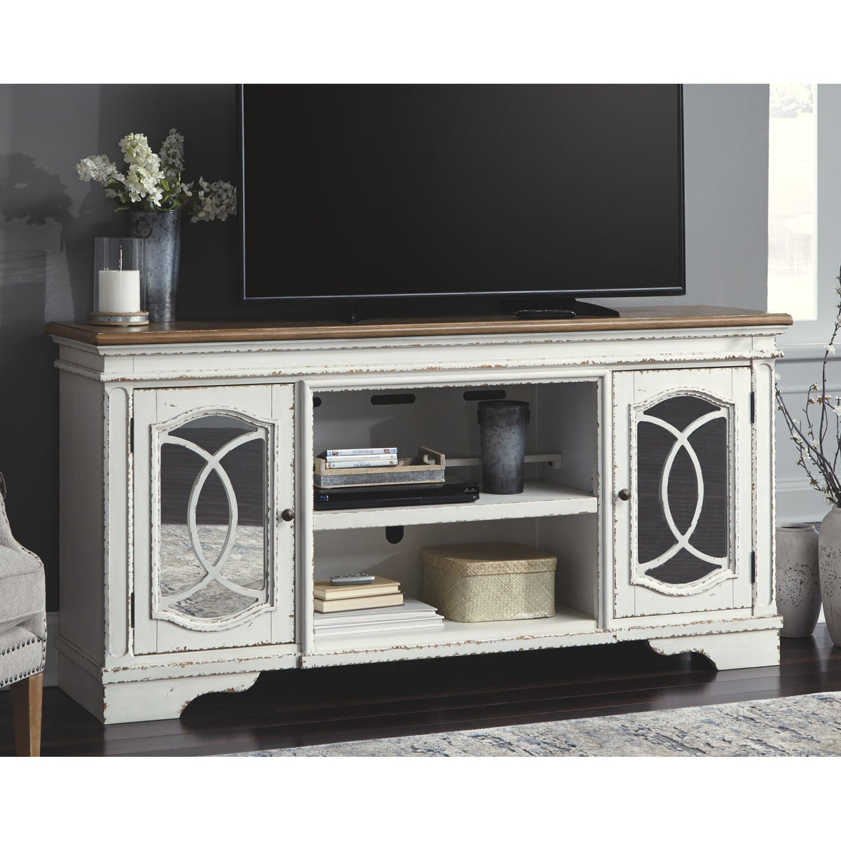 Realyn TV Stand - Chipped White | Dufresne Furniture and Appliances